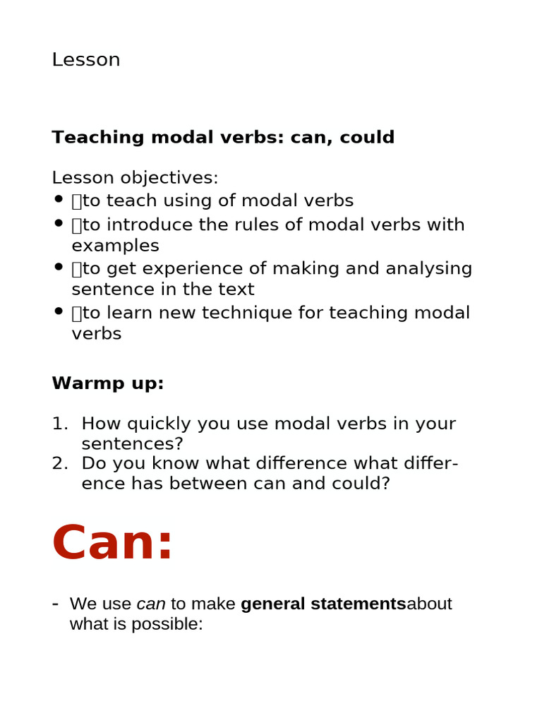 Teaching Modal Verbs: Can and Could | PDF | Verb | Grammar
