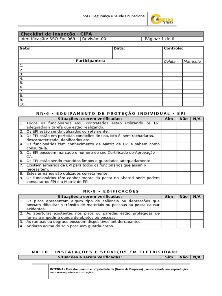 SSO-For-069-R00-Checklist de Inspeção - CIPA | PDF