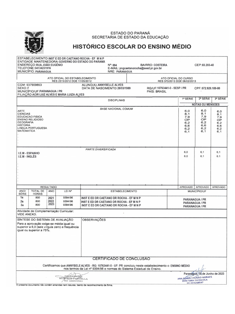 Histórico Escolar - Annybelle Alves | PDF