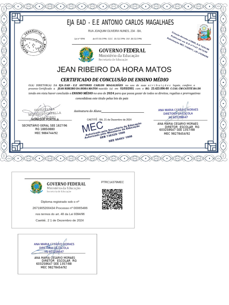 Certificado Escolar - Jean Ribeiro Da Hora Matos | PDF