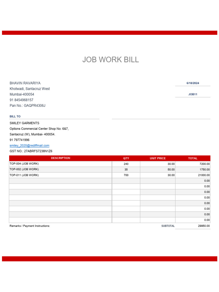 Job Work Invoice for Smiley Garments | PDF