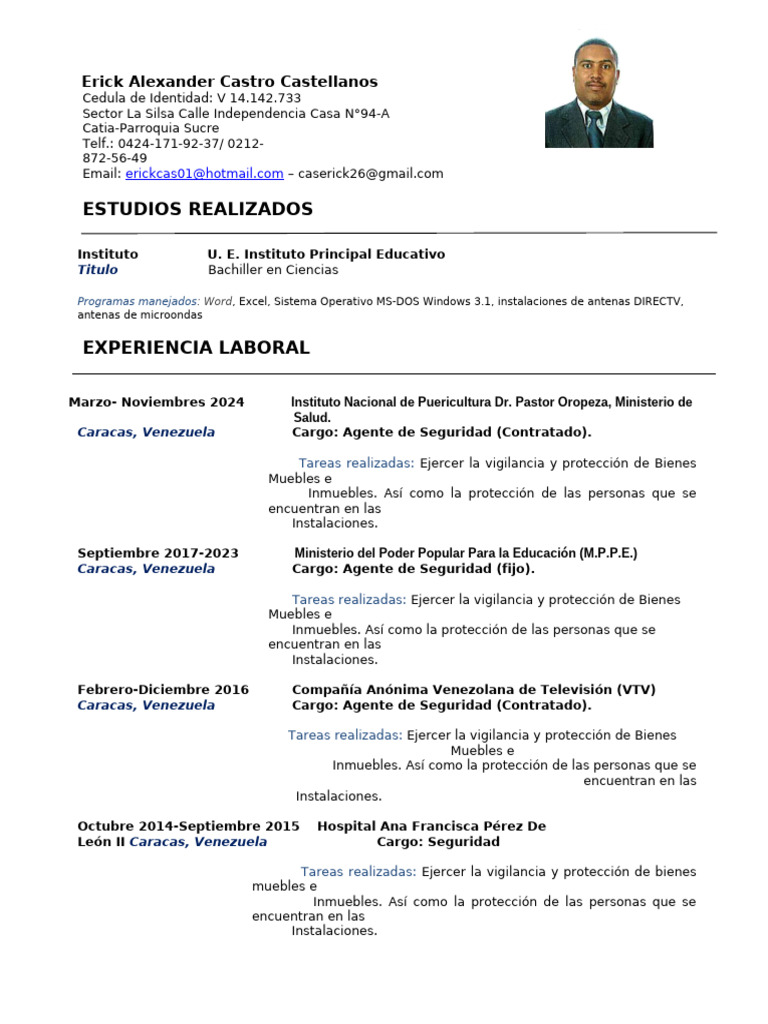 Curriculum Erick Nuevo Seguridad Actualizado 2021 (1) A | PDF | Venezuela