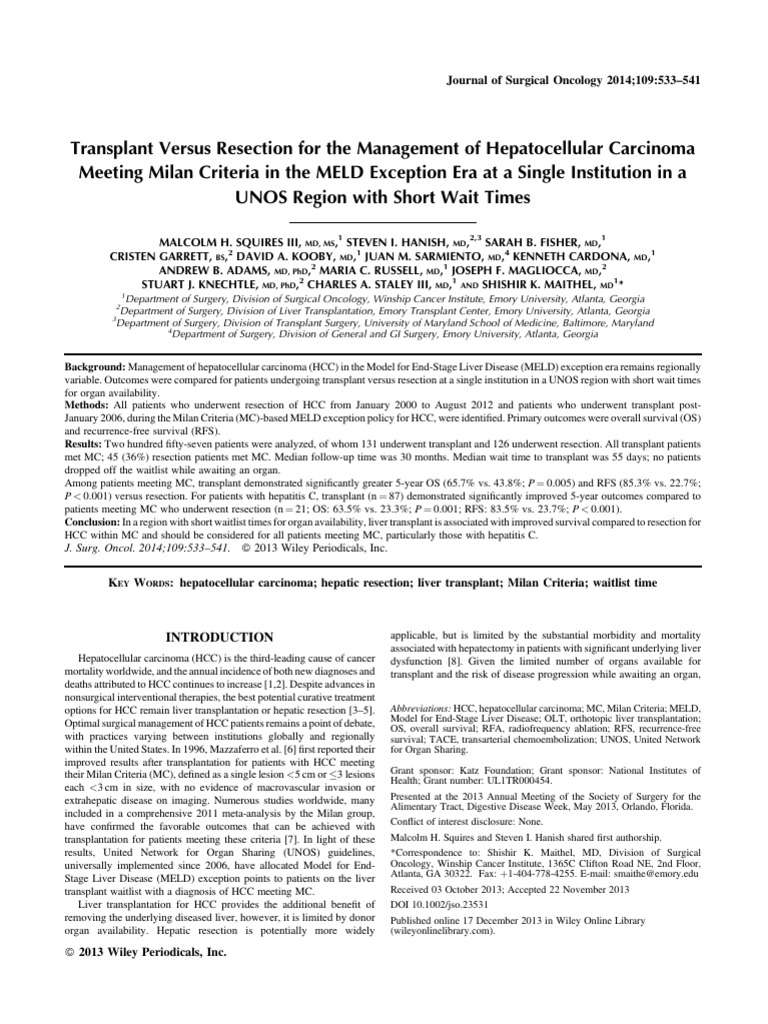 Transplant Versus Resection For The Management of Hepatocellular ...