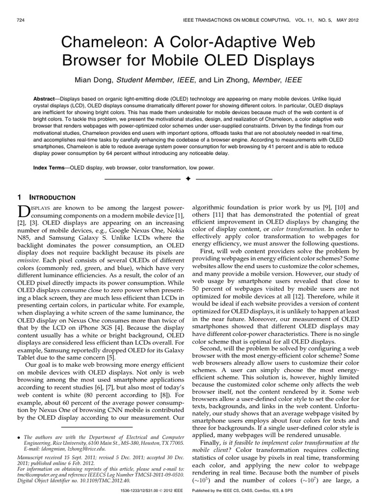 Chameleon A Color-Adaptive Web Browser For Mobile OLED Displays | PDF | Oled | Rgb Color Model