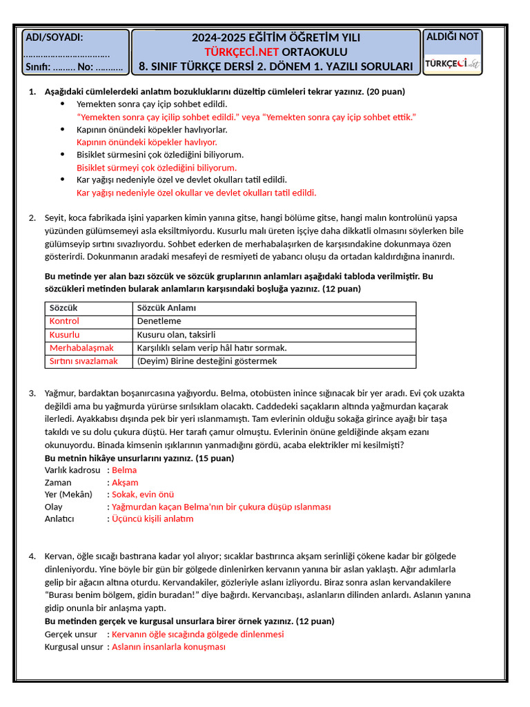 2024 2025 Egitim Ogretim Yili Turkce Dersi Hecce Yayinlari 8. Sinif 2. Donem 1. Acik Uclu Sinav ...