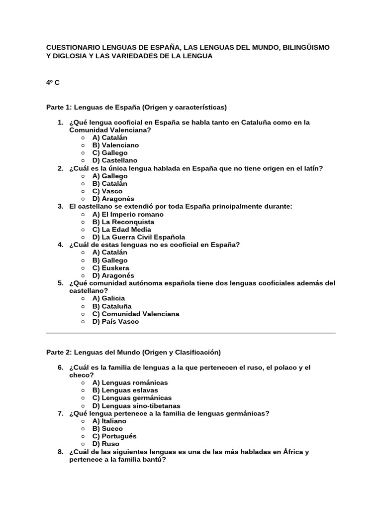 4º C. Cuestionario Lenguas de España, Las Lenguas Del Mundo ...