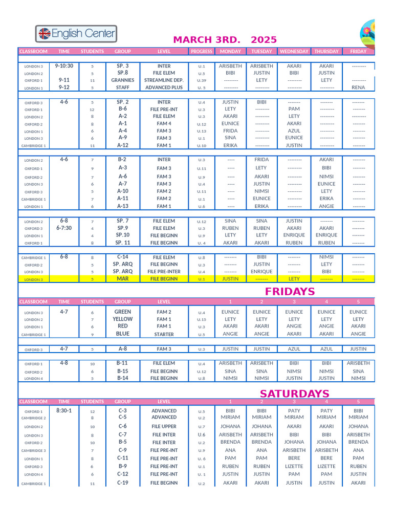 Weekly Classroom Schedule Overview | PDF