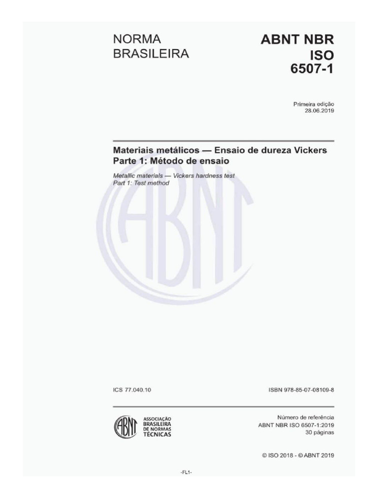 NBR ISO 6507-1 - 2019 Materiais Metálicos - Ensaio de Dureza Vickers | PDF