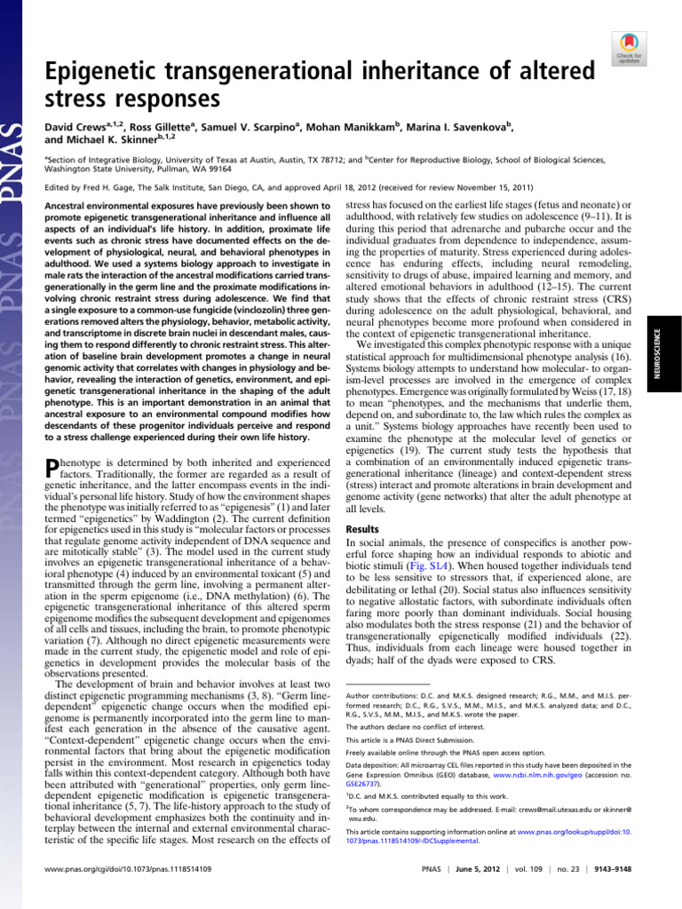 Crews Et Al 2012 Epigenetic Transgenerational Inheritance of Altered Stress Responses | PDF ...