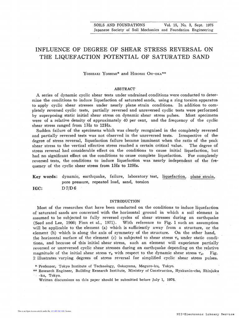 Yoshimi & Oh-Oka (1975) - Influence of Degree of Shear Stress Reversal On The Liquefaction ...