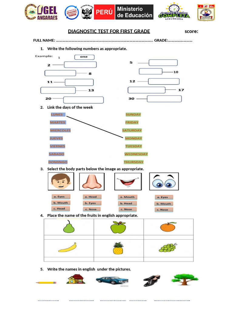 First Grade Diagnostic Test Template | PDF