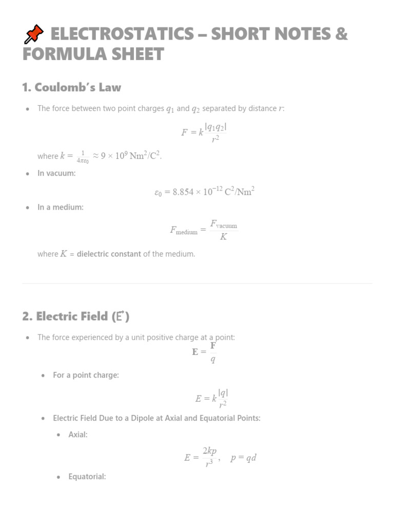 Electrostatic Short Notes | PDF | Capacitor | Dipole