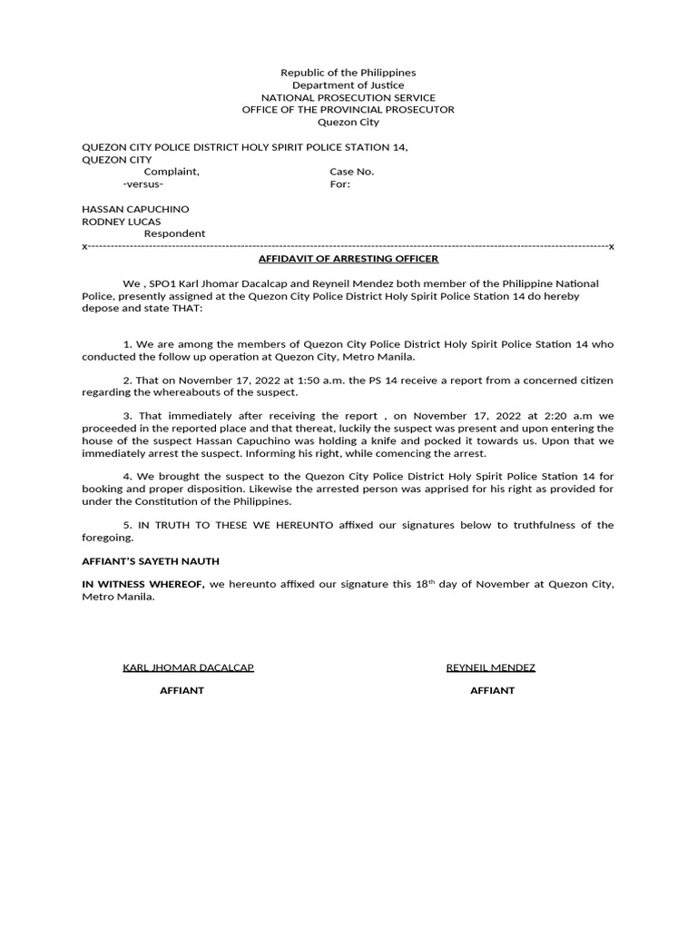Affidavit of Arresting Officer | PDF