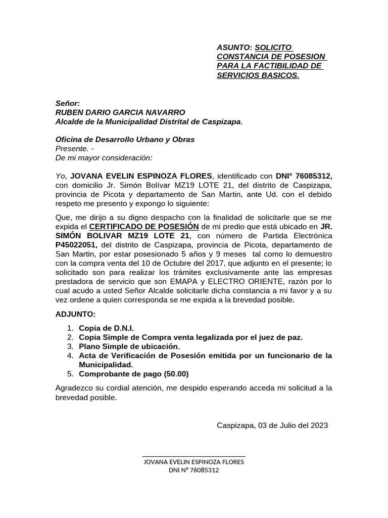 Solicito Constancia de Posesion | PDF