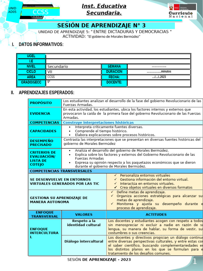 SESION CCSS 5° SEC-SEMANA 03 UNI 5 | PDF | Enseñando | Aprendizaje