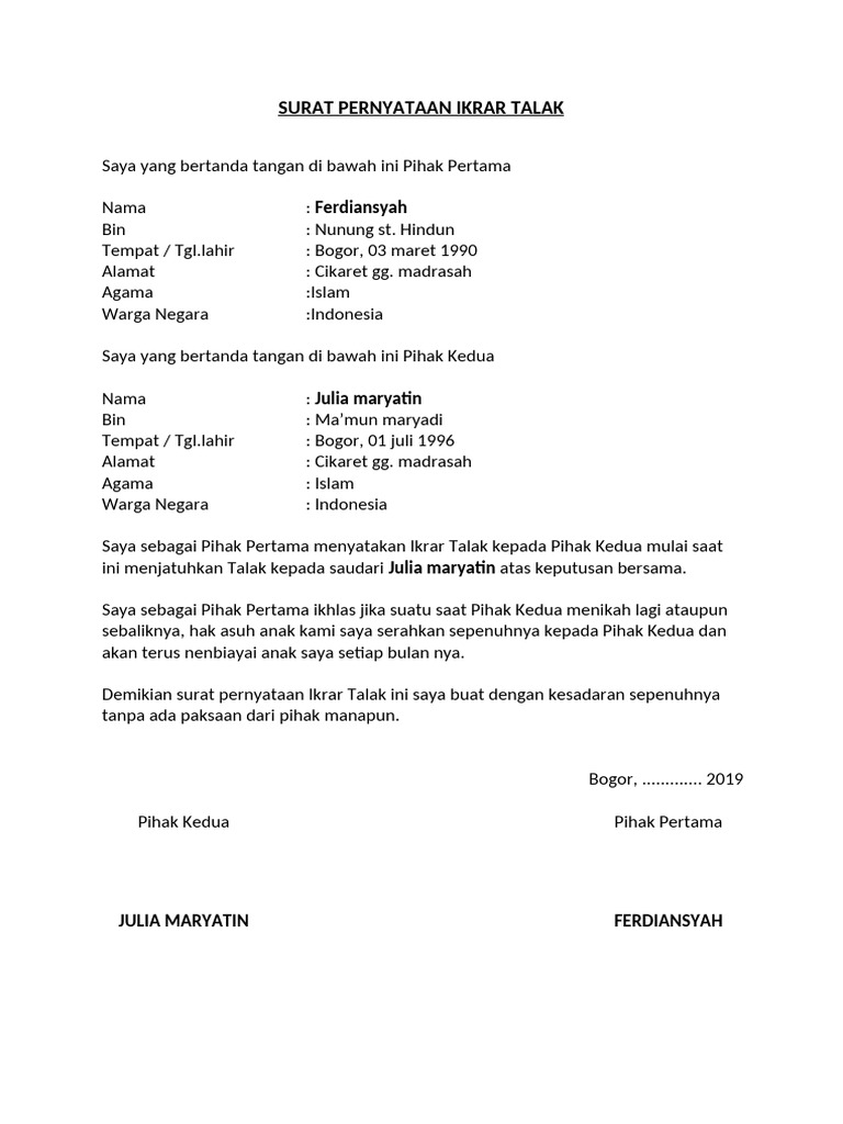 Surat Pernyataan Ikrar Talak | PDF