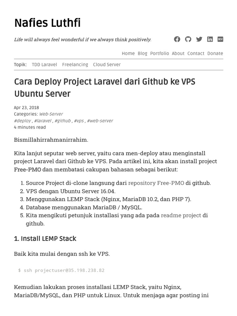 2.nafes - Id Cara Deploy Project Laravel Dari Github Ke VPS Ubuntu Server - Nafies Luthfi | PDF
