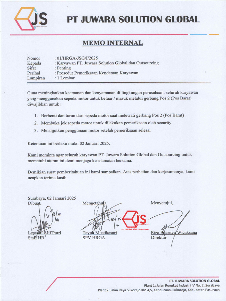 Memo Internal - Prosedur Pemeriksaan Kendaraan Karyawan | PDF