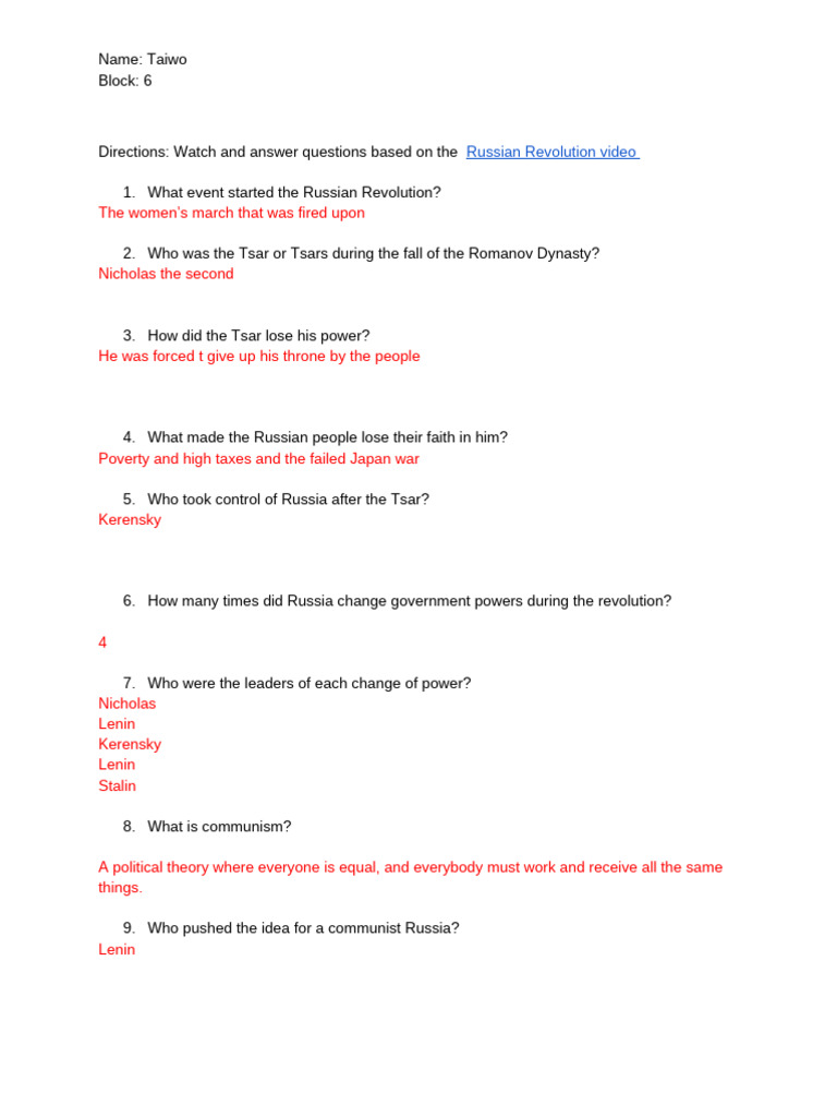 Russian Revolution Video Worksheet | PDF