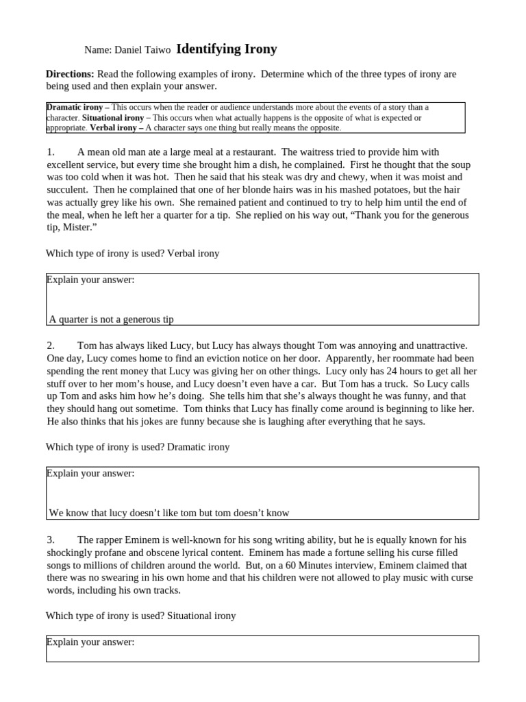Identifying Types of Irony Worksheets | PDF | Irony