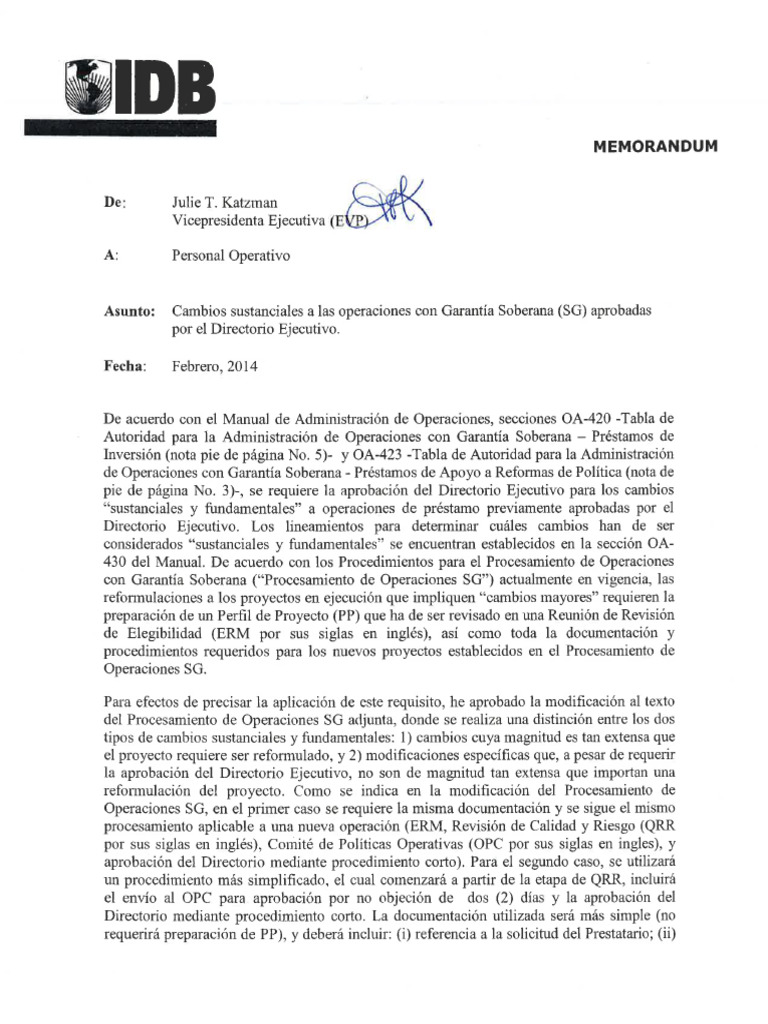 Consolidado Memo EVP Reformulacion de Proyectos SG (Feb 2014 | PDF