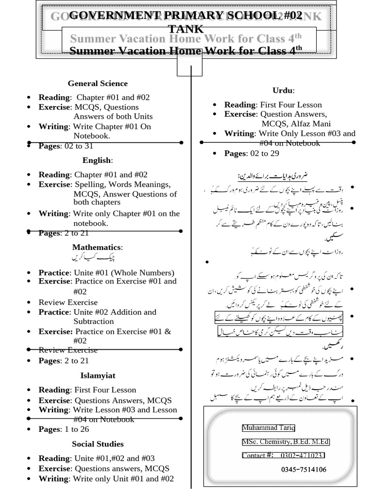 Summer Vaccation Task Class 4th 2024100 | PDF