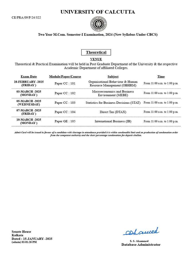 MCom Sem I Exam 24 Schedule 16125 | PDF