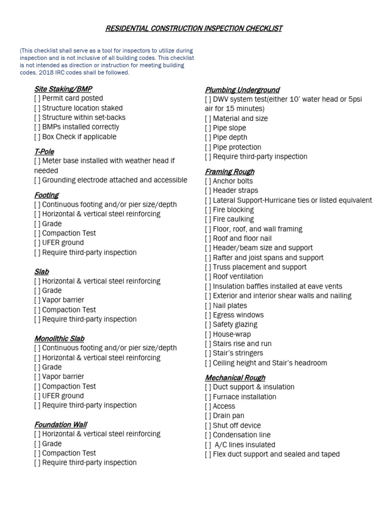 Residential Inspection Checklist PDF | PDF | Framing (Construction ...