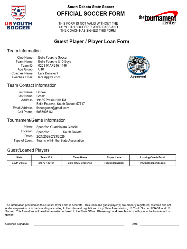 South Dakota Guest Player Loan Form | PDF