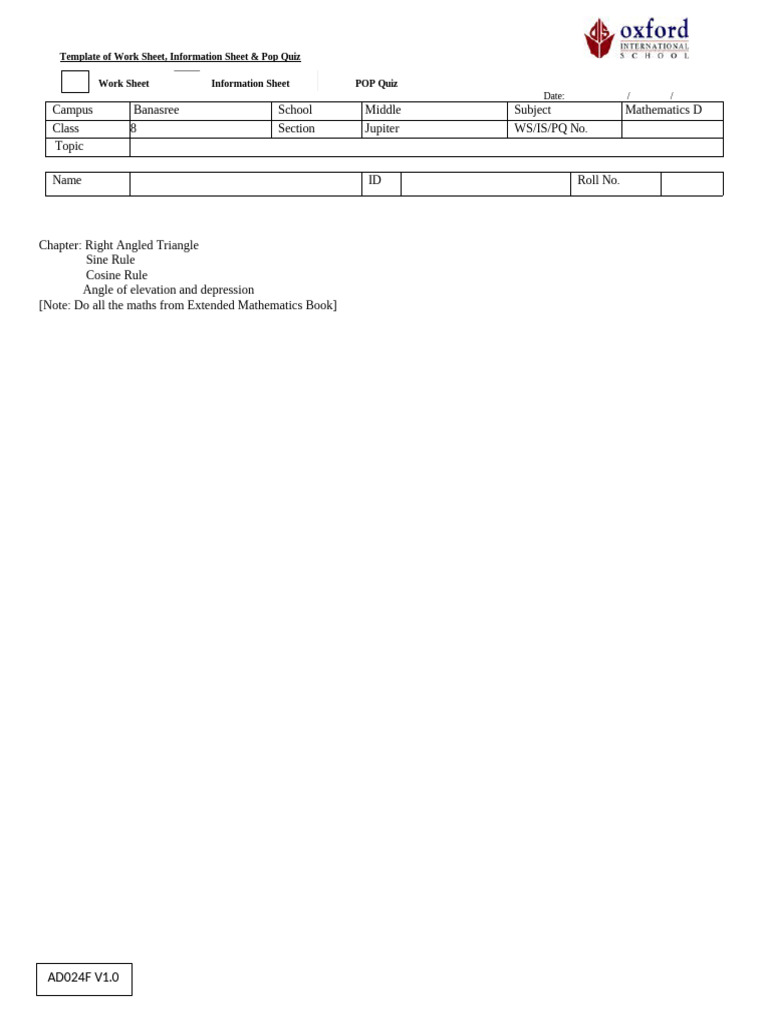 Math Worksheet and Quiz Template | PDF