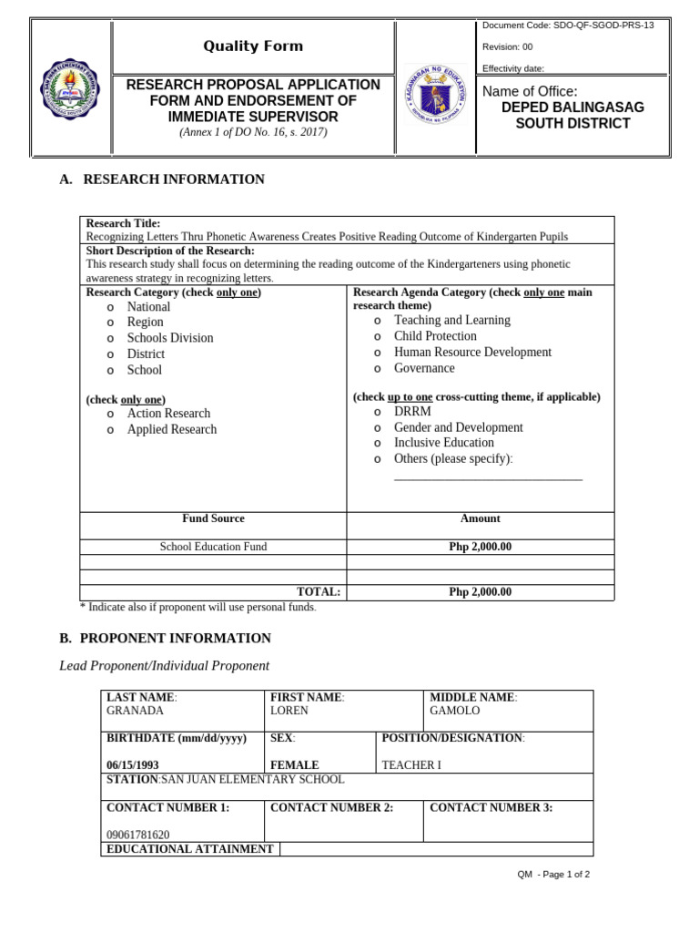 2. Research Proposal Application Form and Endorsement of Immediate Supervisor Teacherph.com ...