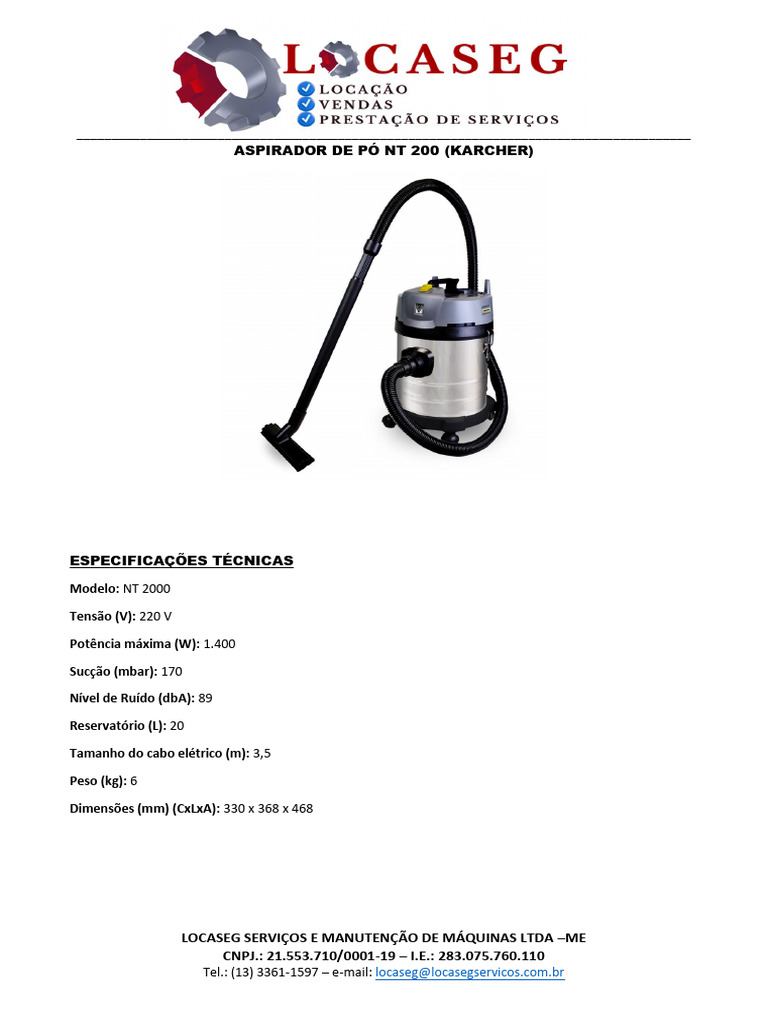 Aspirador de Pó NT 200: Especificações Técnicas | PDF