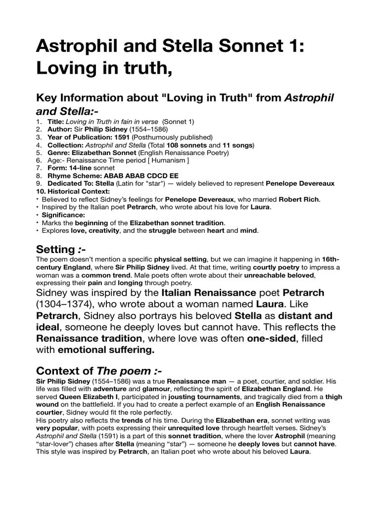 Astrophil and Stella Sonnet 1 Loving in Truth | PDF | Sonnets | Poetry