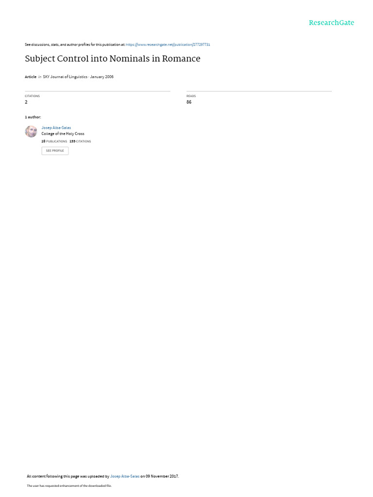 Subject Control Into Nominals in Romance | PDF | Verb | Clause