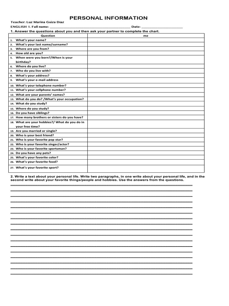 Personal Information Questionnaire Template | PDF