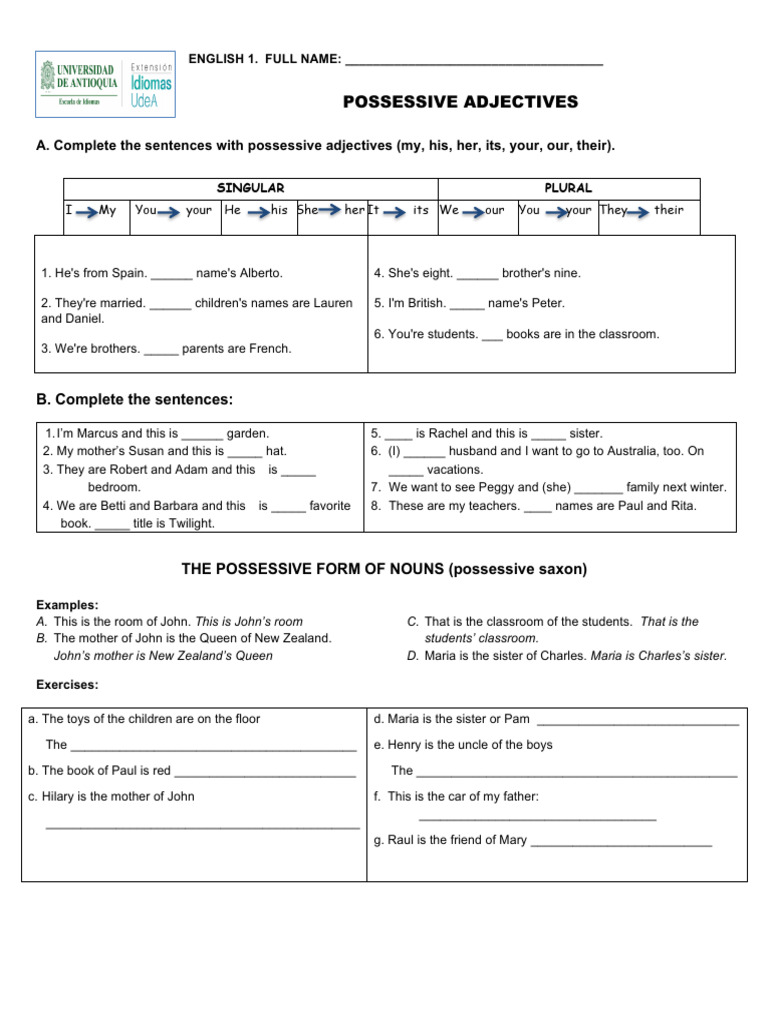 Grammar - Possessive Adjectives-Possessive Form | PDF | Language ...