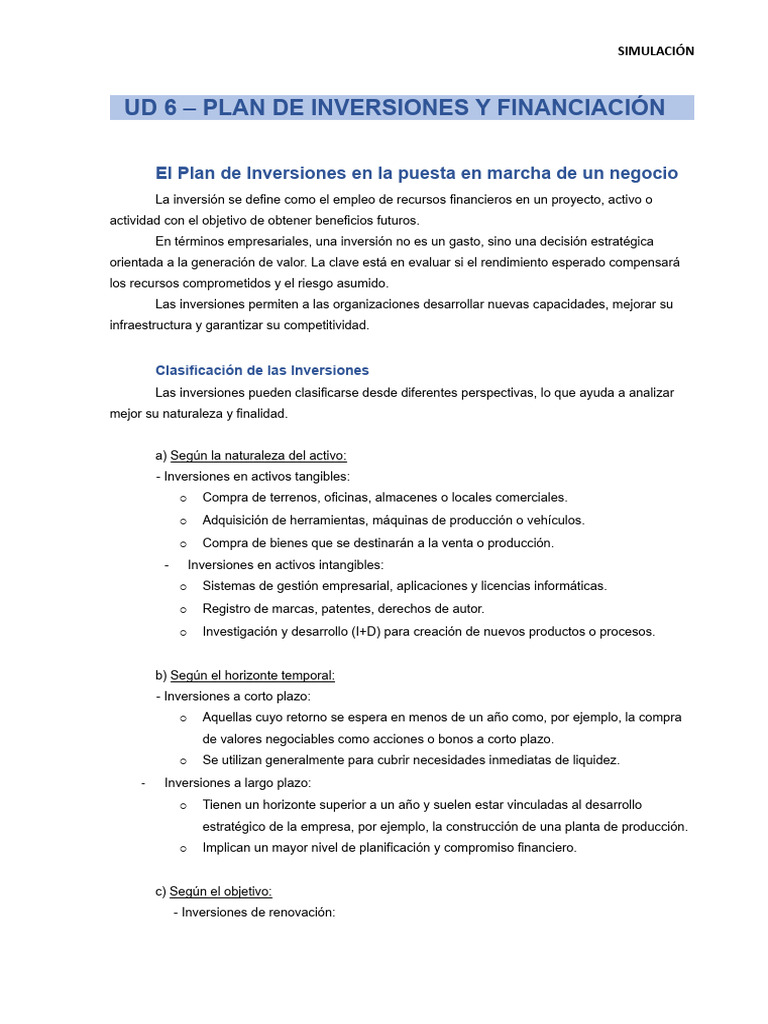 Plan de Inversiones y Financiación Empresarial | PDF | Tasa interna de ...