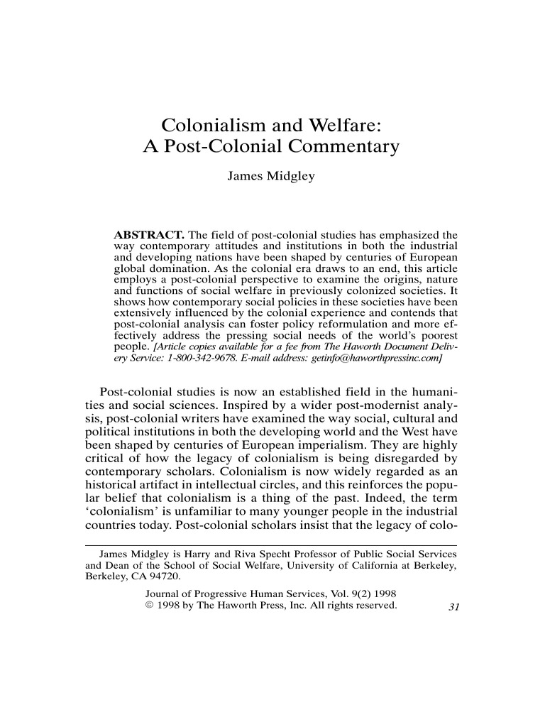 Week 1 - Colonialism and Welfare Lecture | PDF | Postcolonialism | Colonialism