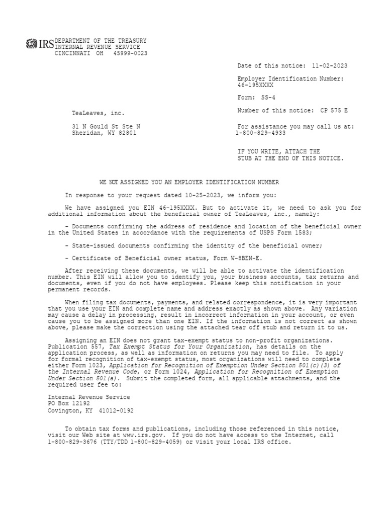 TeaLeaves Ein Confirmation Letter | PDF | 501(C) Organization | Internal Revenue Service