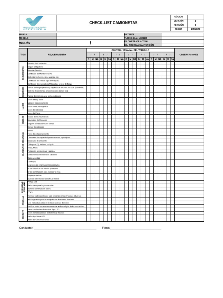 Check-list para Camionetas de Carga | PDF | Diodo emisor de luz | Neumático
