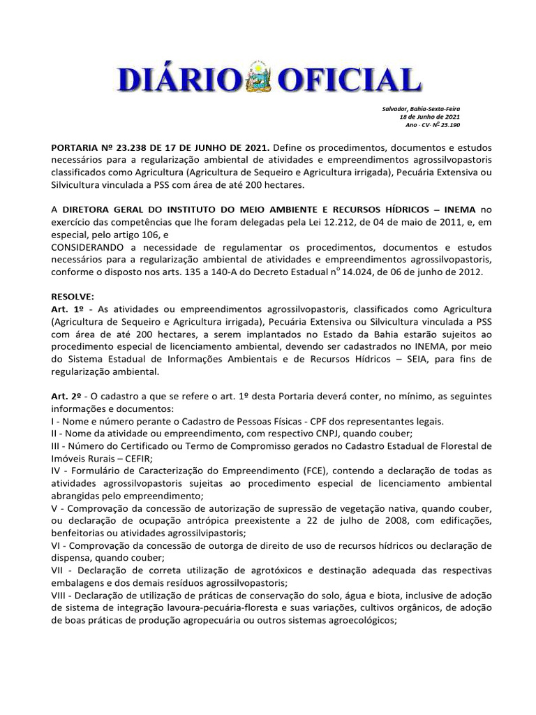 INEMA - Define Os Procedimentos para Regularização Ambiental de ...