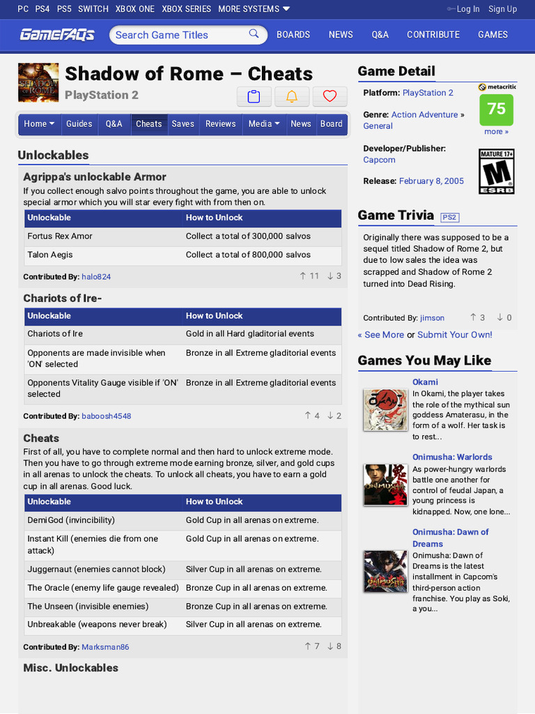 ShadowofRomeCheats,Codes,AndSecretsforPlayStation2 GameFAQs 1741822548174 | PDF | Video Games