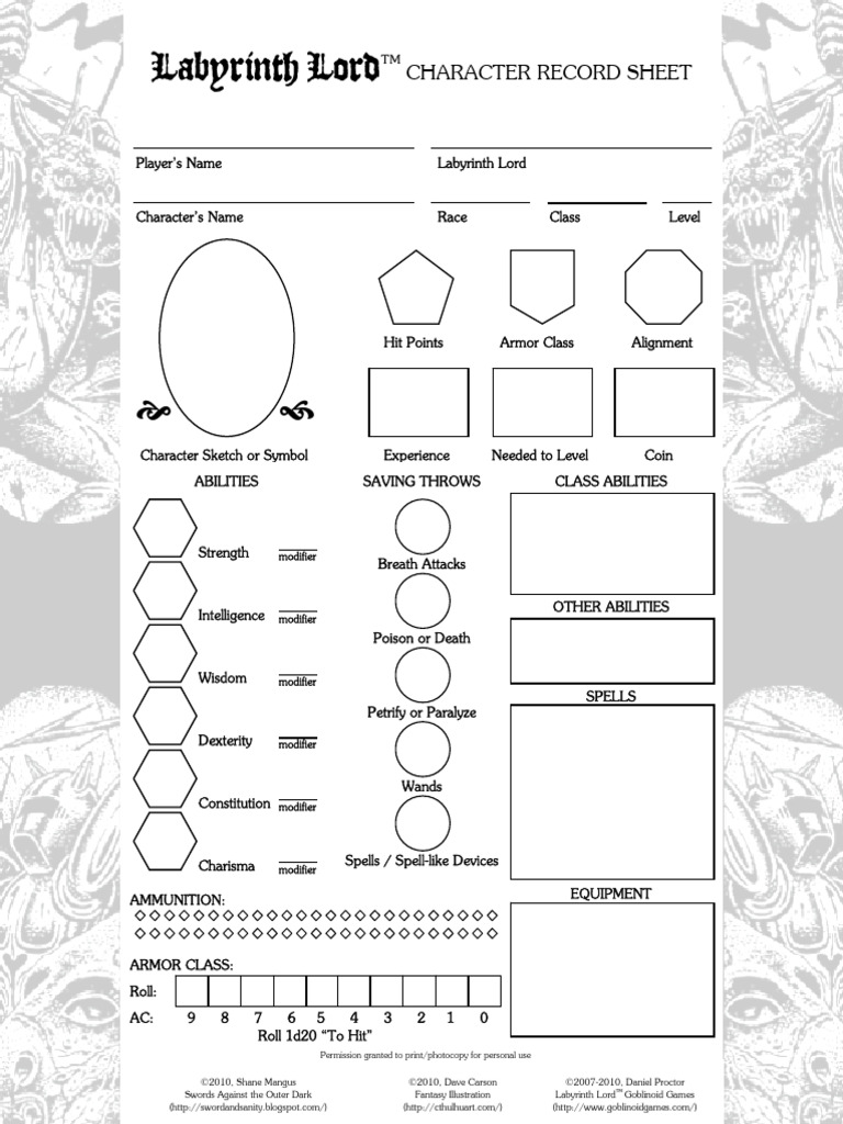 Advanced Labyrinth Lord - Character Record Sheet | PDF