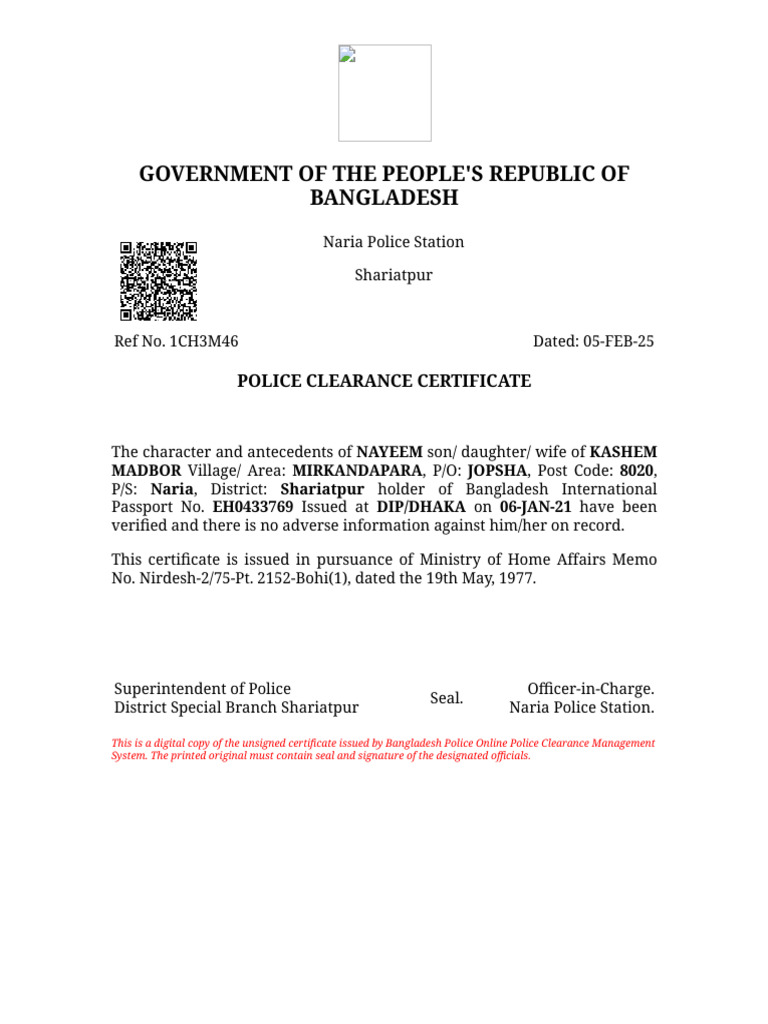 Bangladesh Police Clearance Certificate | PDF