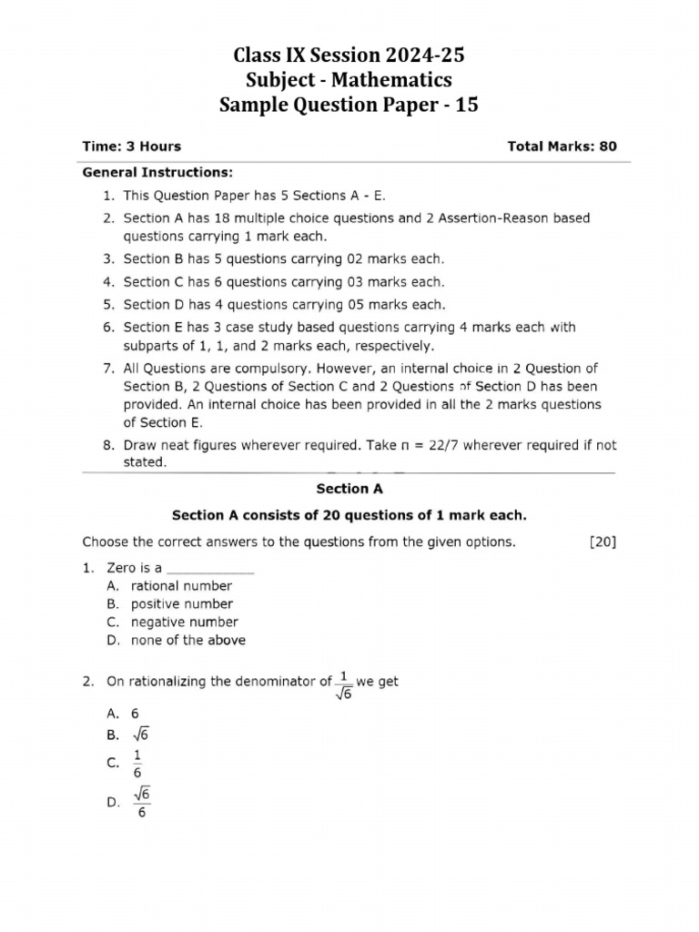 Class IX Math Sample Paper 2024-25 | PDF