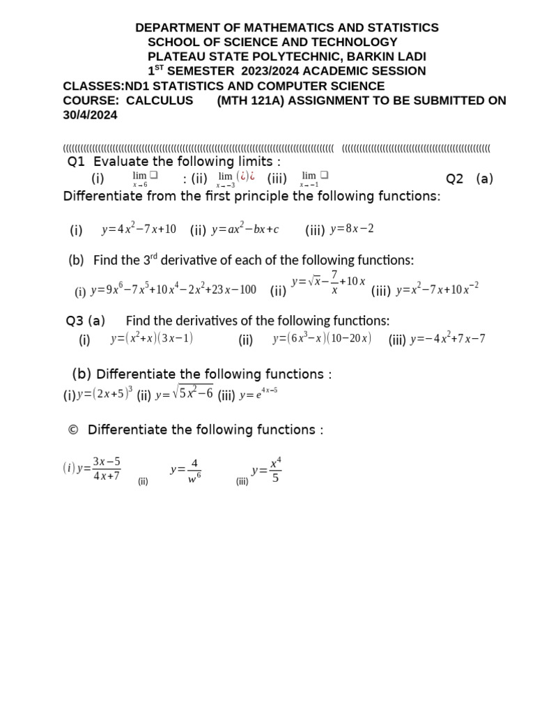 MTH 121A ASSIGNMENT | PDF