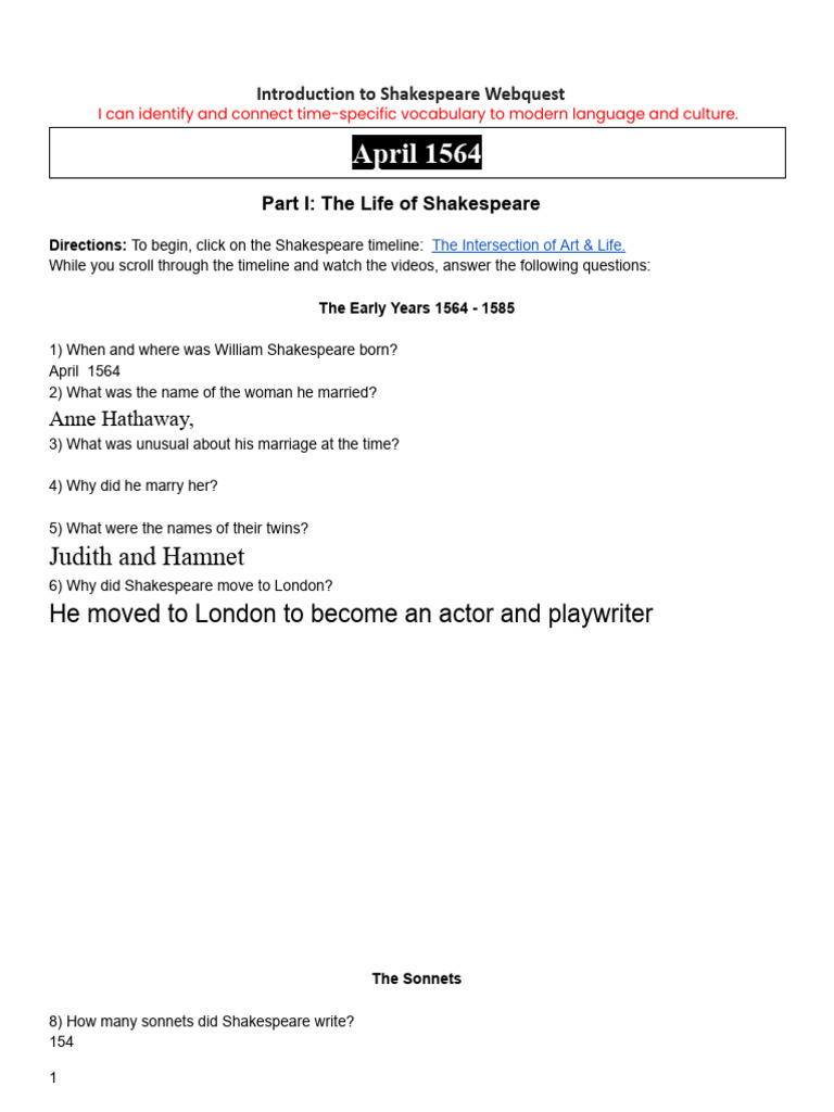 Goods Shakespeare Webquest 2025 | PDF | William Shakespeare | Sonnets