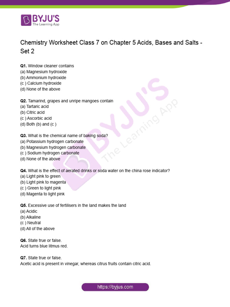 Class 7 Chemistry Worksheet: Acids & Bases | PDF