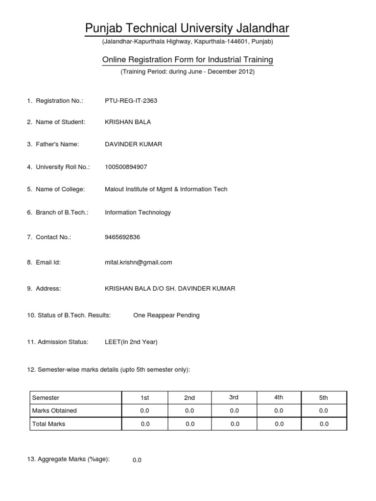 PTU Industrial Training Registration Form | PDF