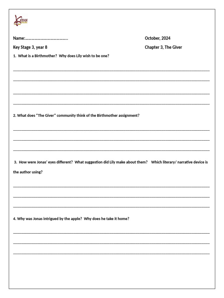 The Giver Chapter 3 Worksheet | PDF